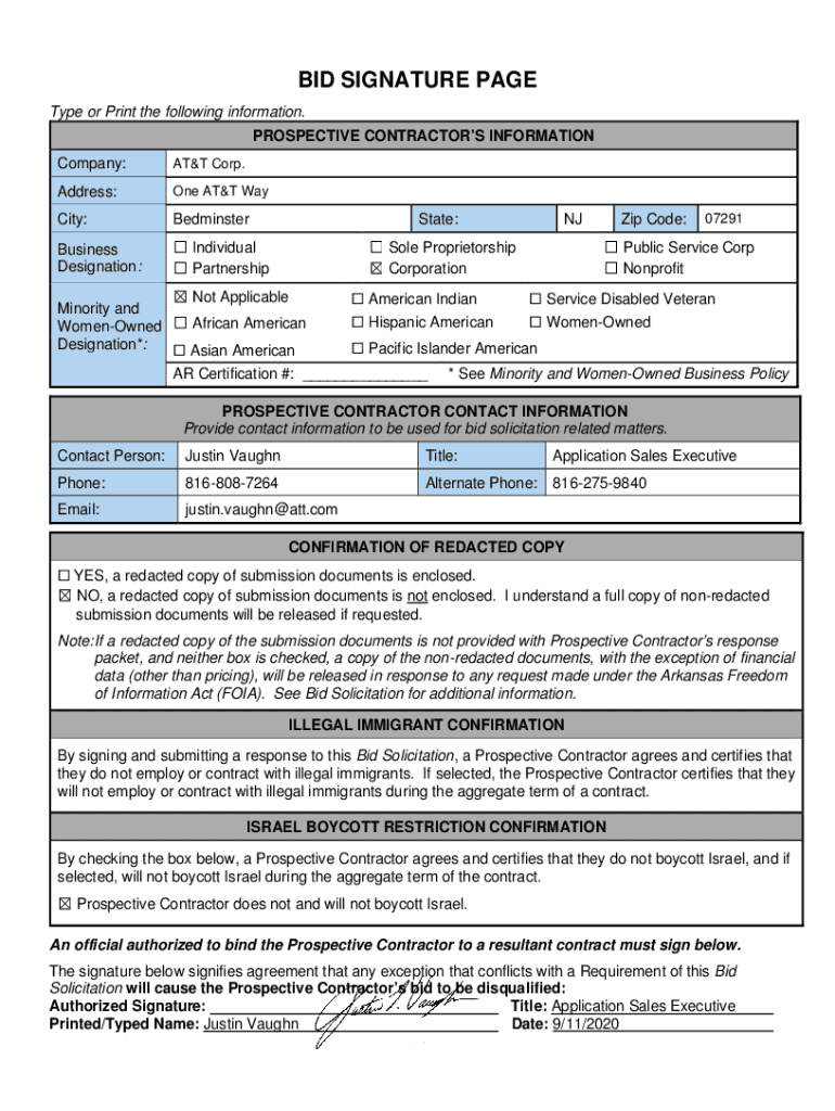 Fillable Online Signed Bid Signature Page and Officail Bid Price Sheet ...