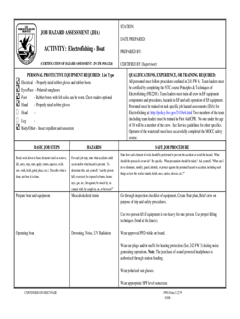 Fillable Online ElectrofishingBackpack JOB HAZARD ASSESSMENT (JHA ...