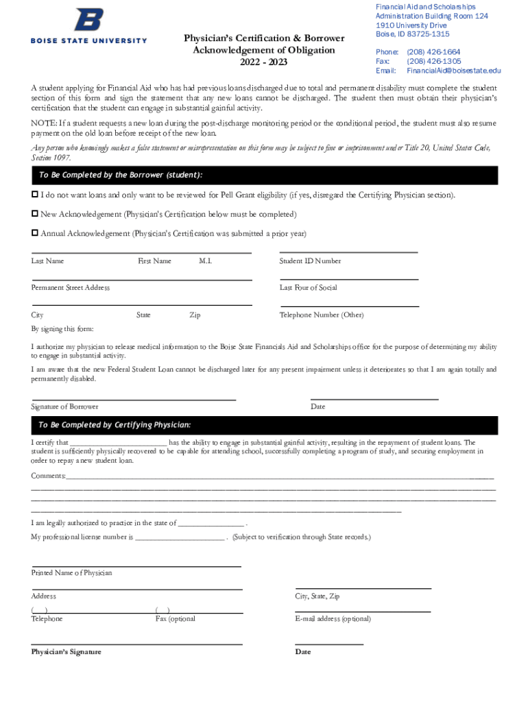 Fillable Online Borrower Acknowledgement - Boise State University Fax ...