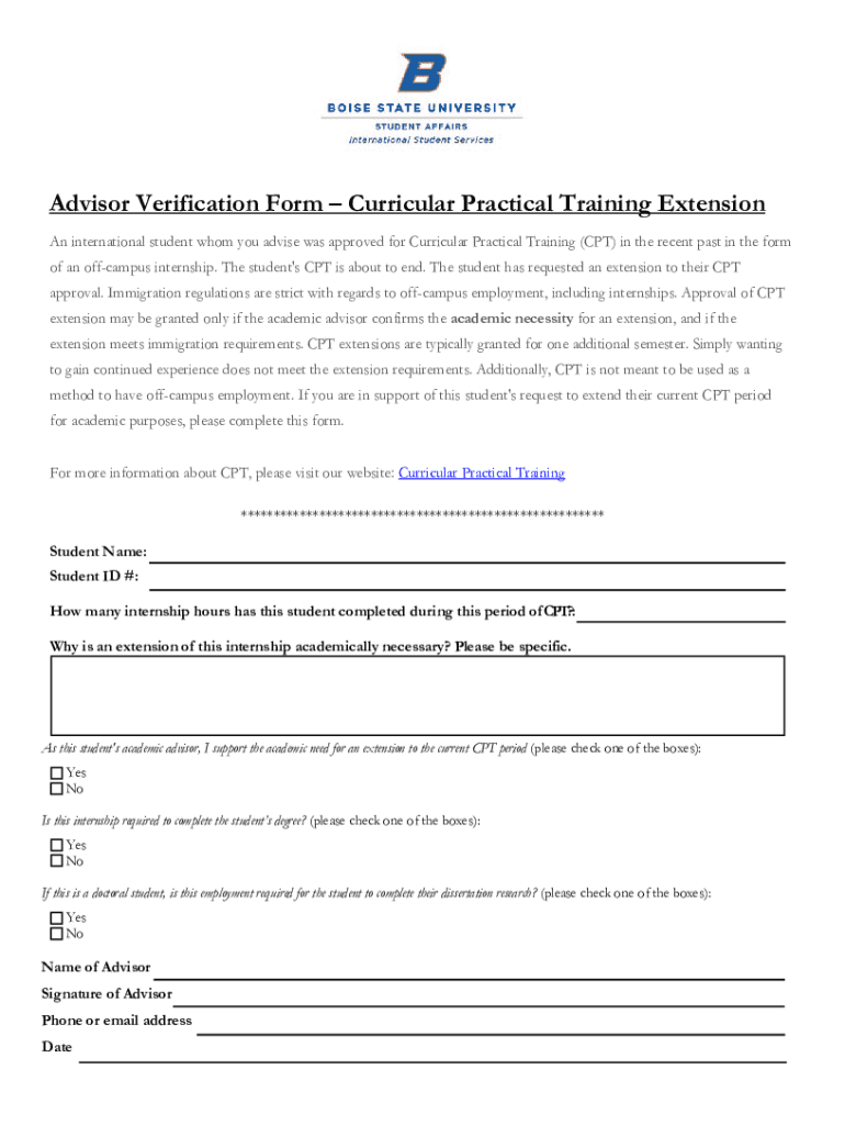 Fillable Online Advisor Verification Form - CPT Extension Fax Email Print - pdfFiller
