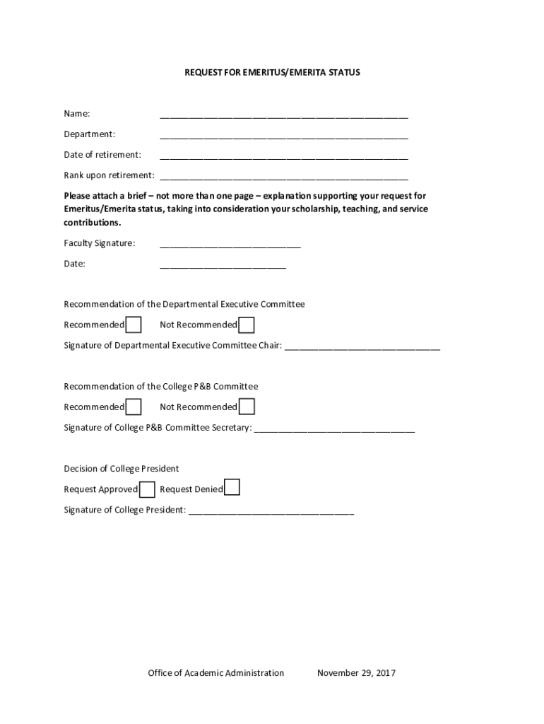 Fillable Online Request for Emeritus/Emerita StatusBaruch College Fax ...