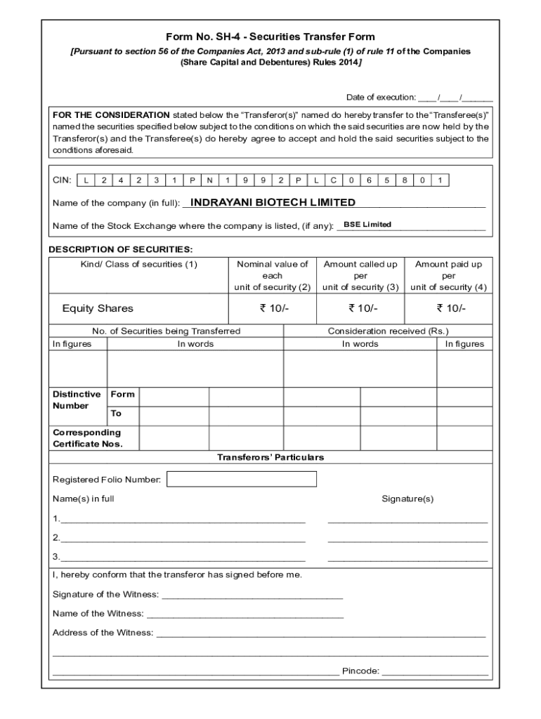 Fillable Online Securities Transfer Form INDRAyANI BIOTECH LImITED ...