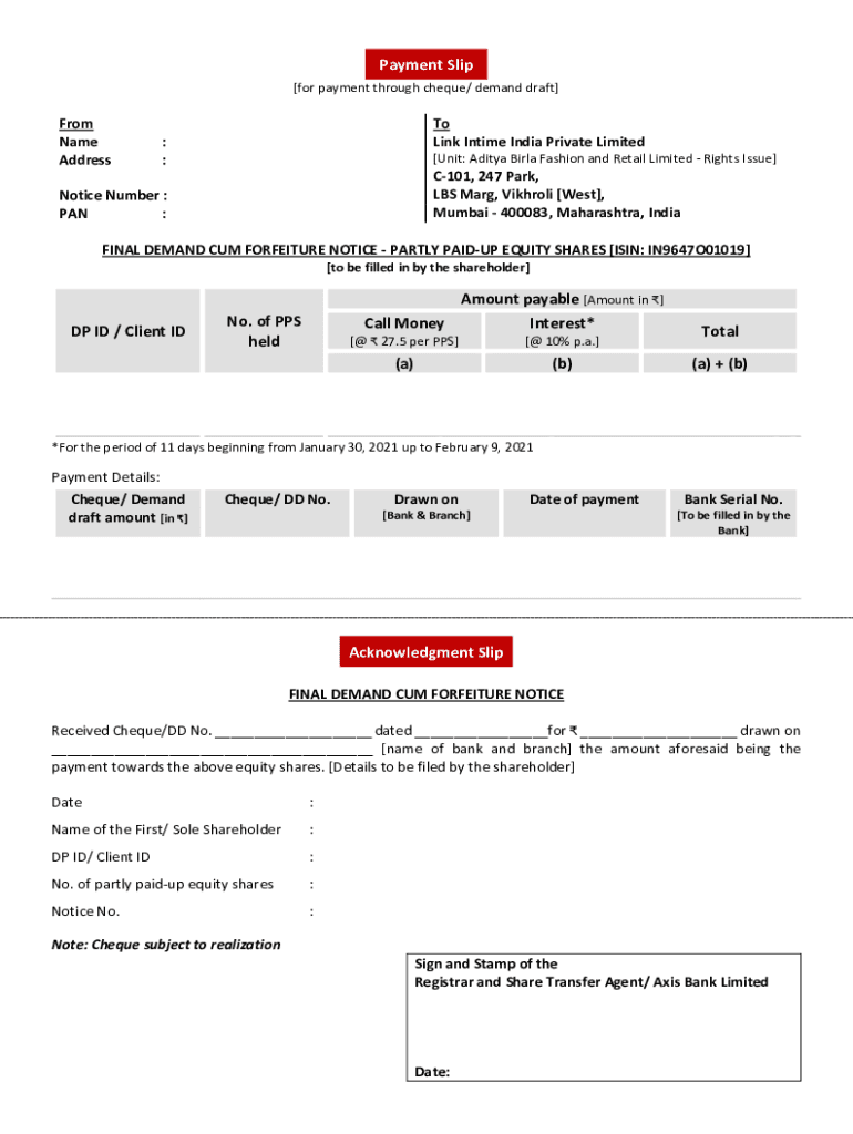 Fillable Online Payment Slip DP ID / Client ID No. of PPS held ... - ABFRL Fax Email Print ...
