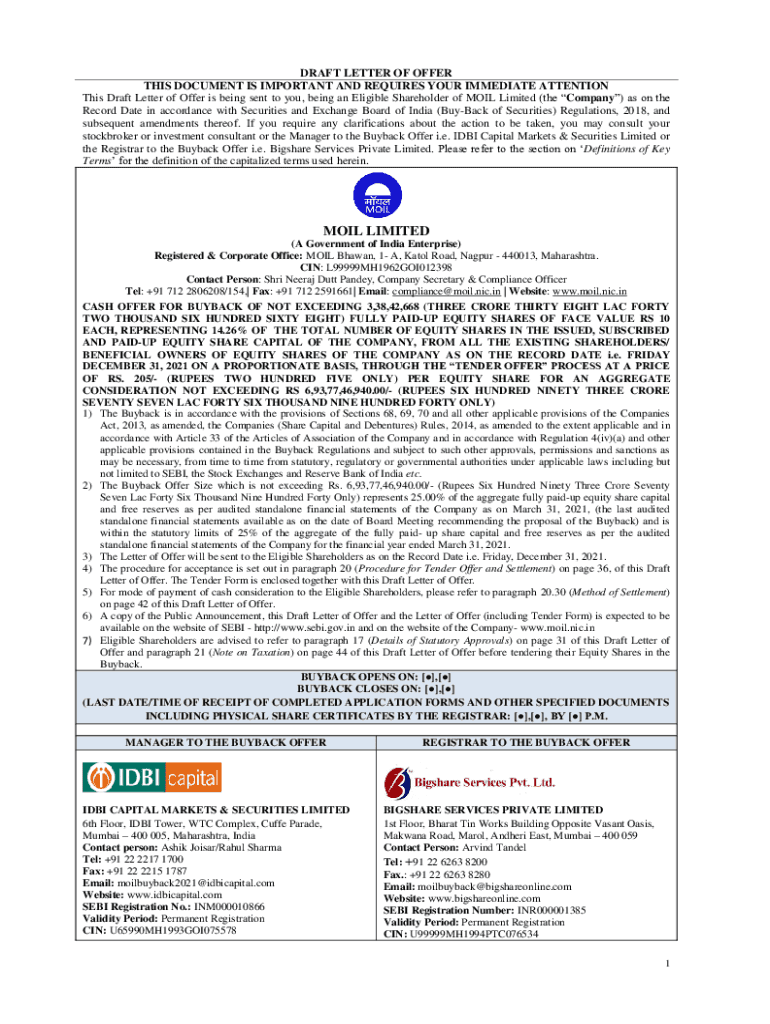 Fillable Online DRAFT LETTER OF OFFER THIS DOCUMENT IS ... - SEBI Fax ...