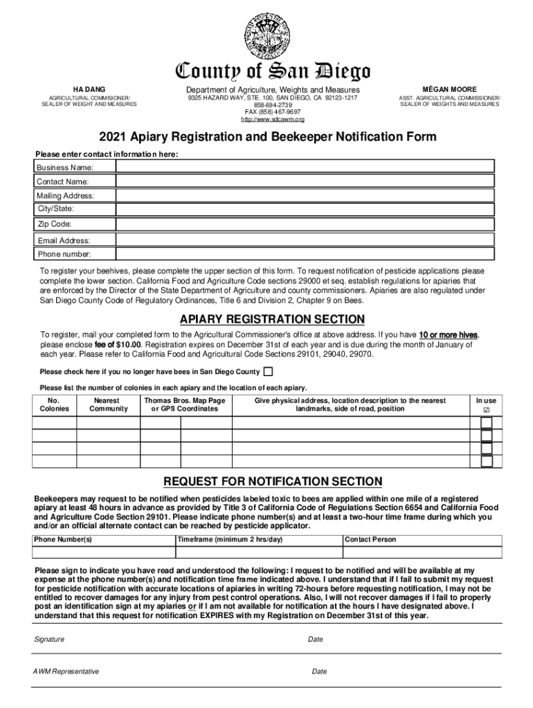 Fillable Online 2021 Apiary Registration and Beekeeper Notification ...