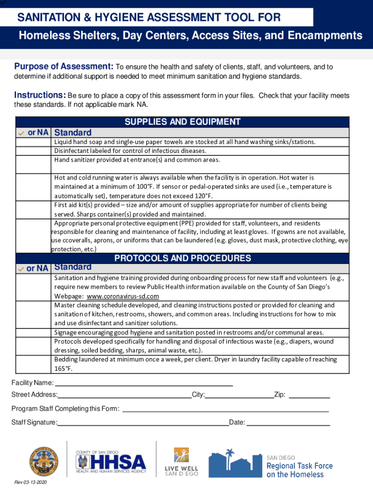 Fillable Online Sanitation & Hygiene Assessment Tool for Homeless ...