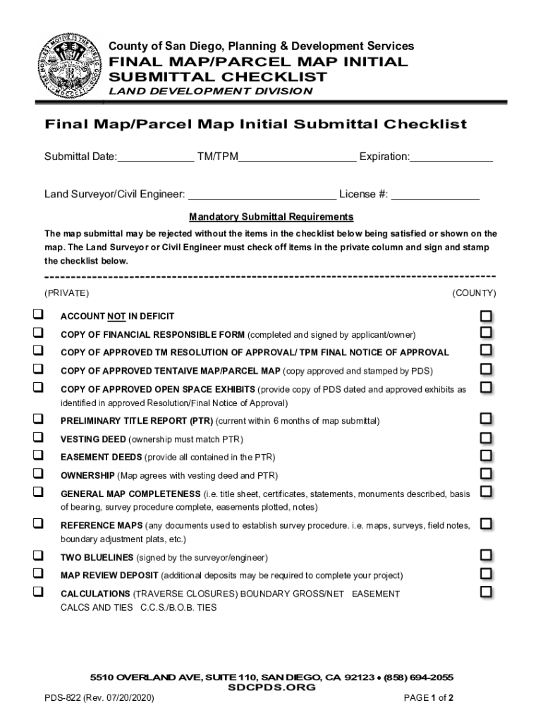 Fillable Online FINAL MAP/PARCEL MAP INITIAL SUBMITTAL CHECKLIST Fax Email Print - pdfFiller