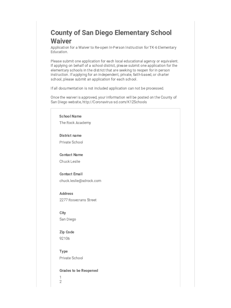 Fillable Online Application for an Elementary School Waiver to Reopen ...