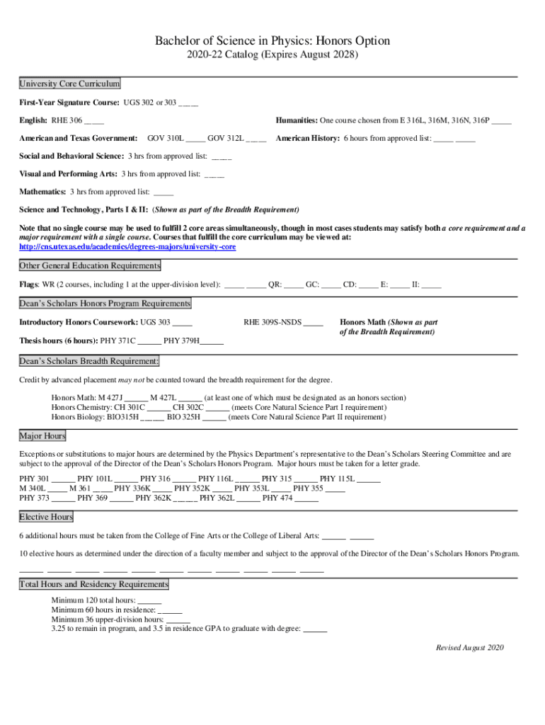 Fillable Online Bachelor of Science in Physics: Honors Option Fax Email ...