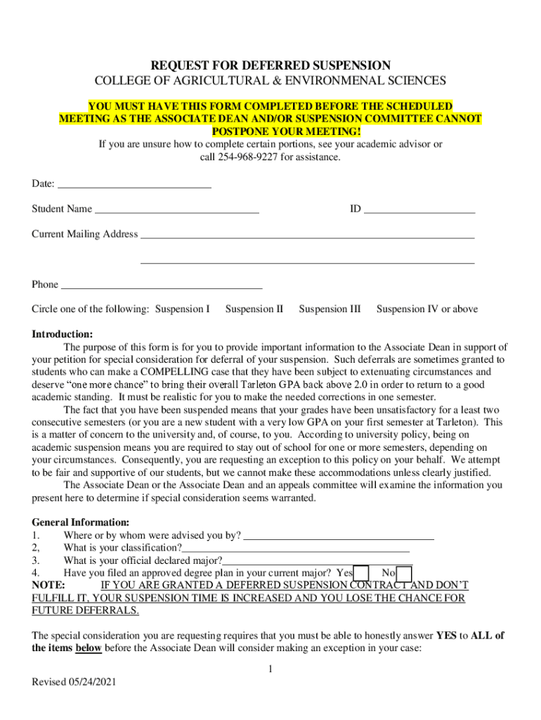Fillable Online REQUEST FOR DEFERRED SUSPENSION Fax Email Print - pdfFiller