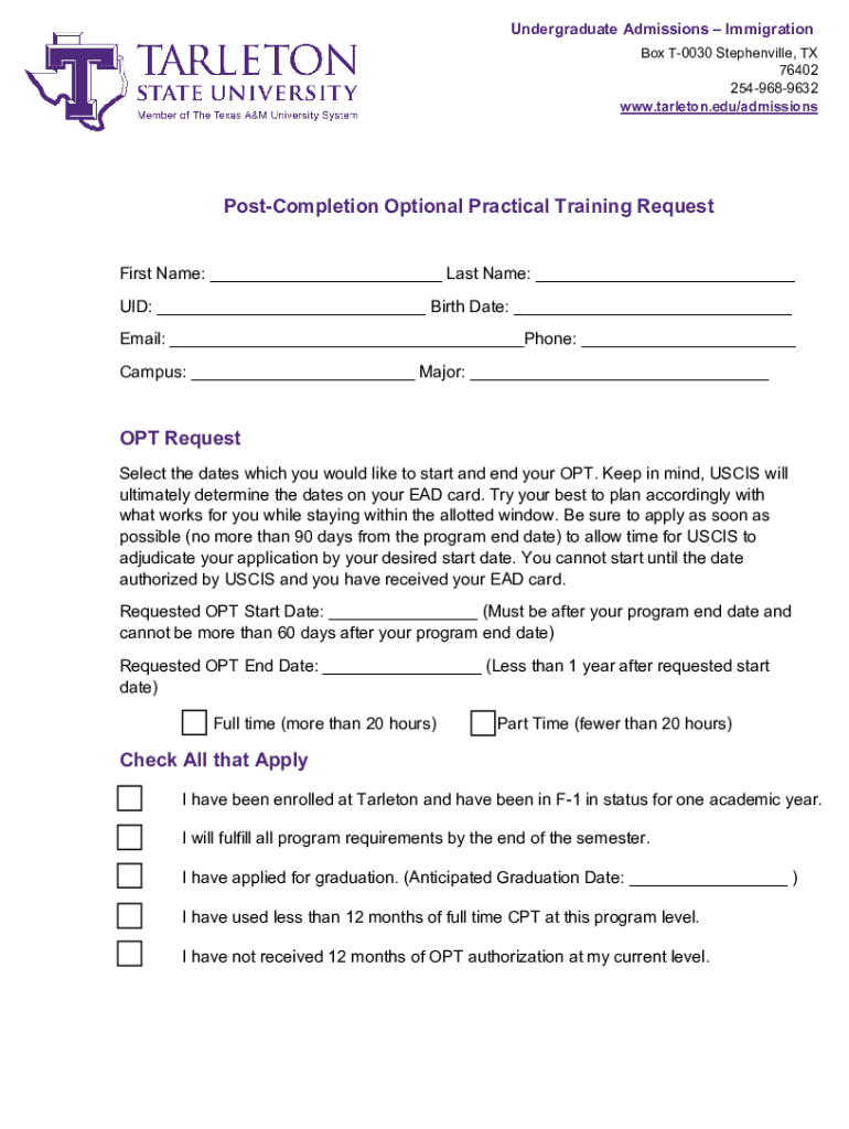 Fillable Online Pre-Completion Optional Practical Training Request Fax ...