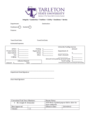 Fillable Online Pre Travel Authorization Form - Tarleton State ...