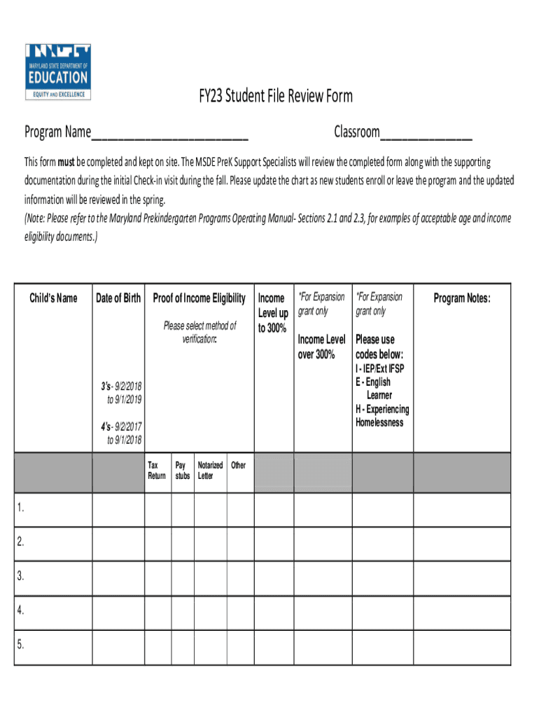 Fillable Online FY23 Student File Review Form - Division of Early ...