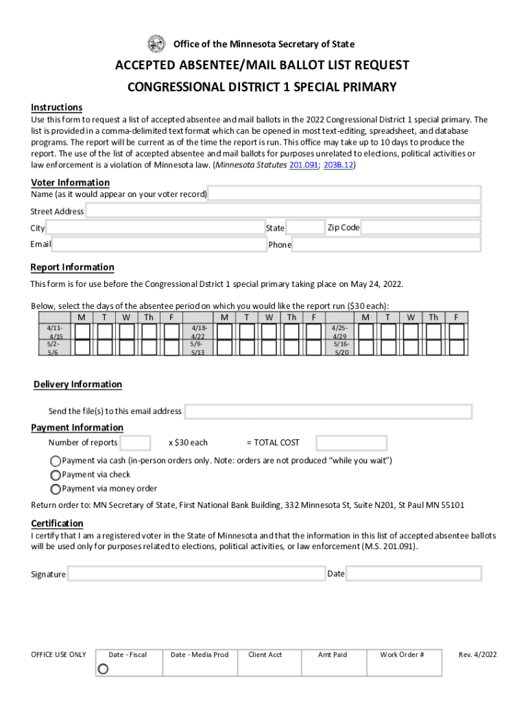 Fillable Online Accepted Absentee/Mail Ballot List Request - CD 1 ...