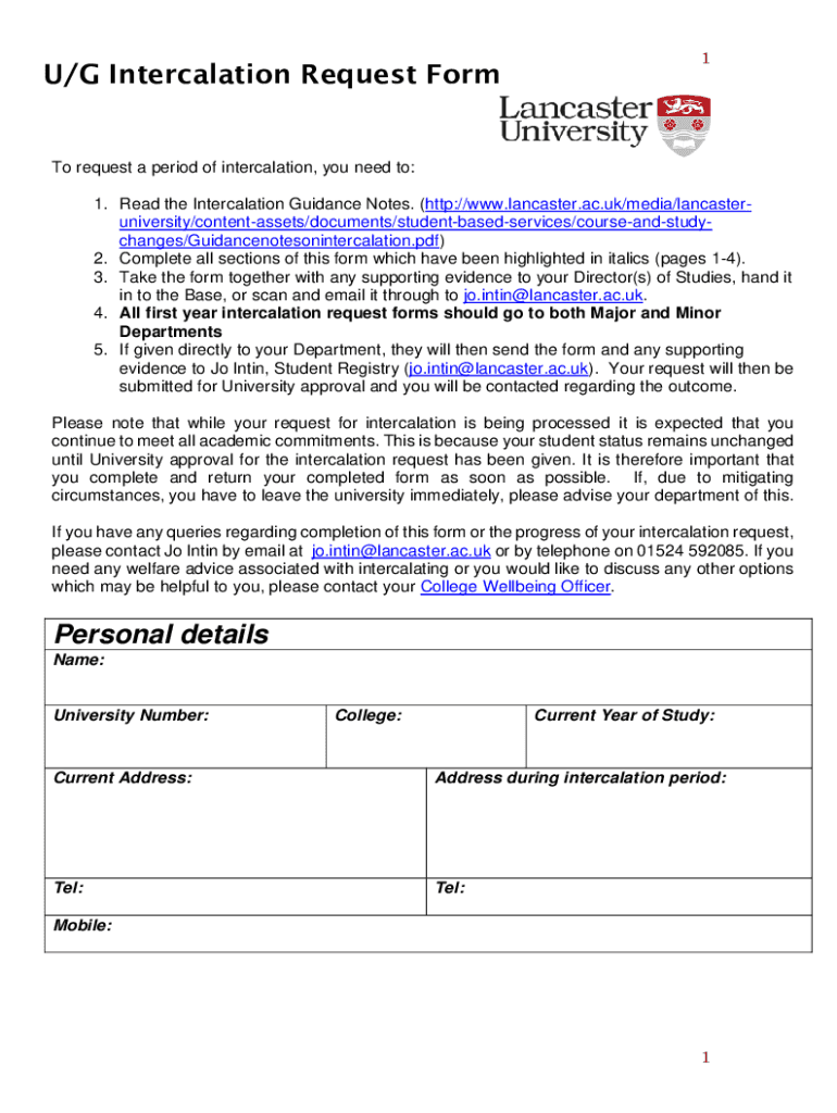 Fillable Online U/G Intercalation Request Form - Lancaster University Fax Email Print - pdfFiller
