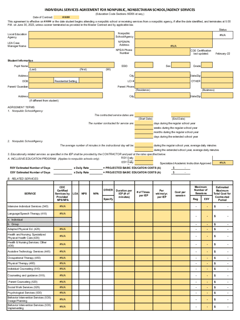 Fillable Online INDIVIDUAL SERVICES AGREEMENT FOR NONPUBLIC ... Fax ...