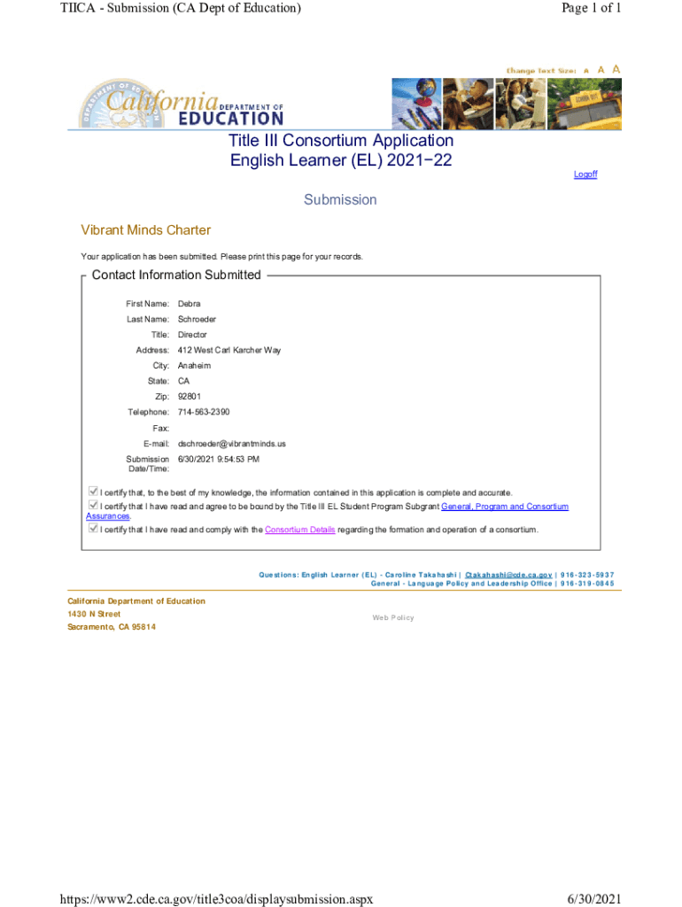 Fillable Online Title III Consortium Application English Learner (EL) 202122 Fax Email Print ...