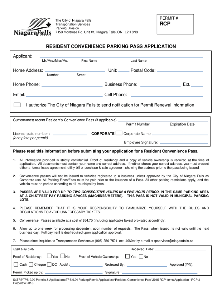 Fillable Online Resident Convenience Parking Pass Application Fax Email ...