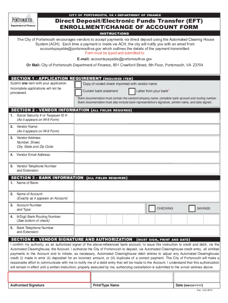Fillable Online EFT enrollment/change form - Portsmouth, VA Fax Email ...