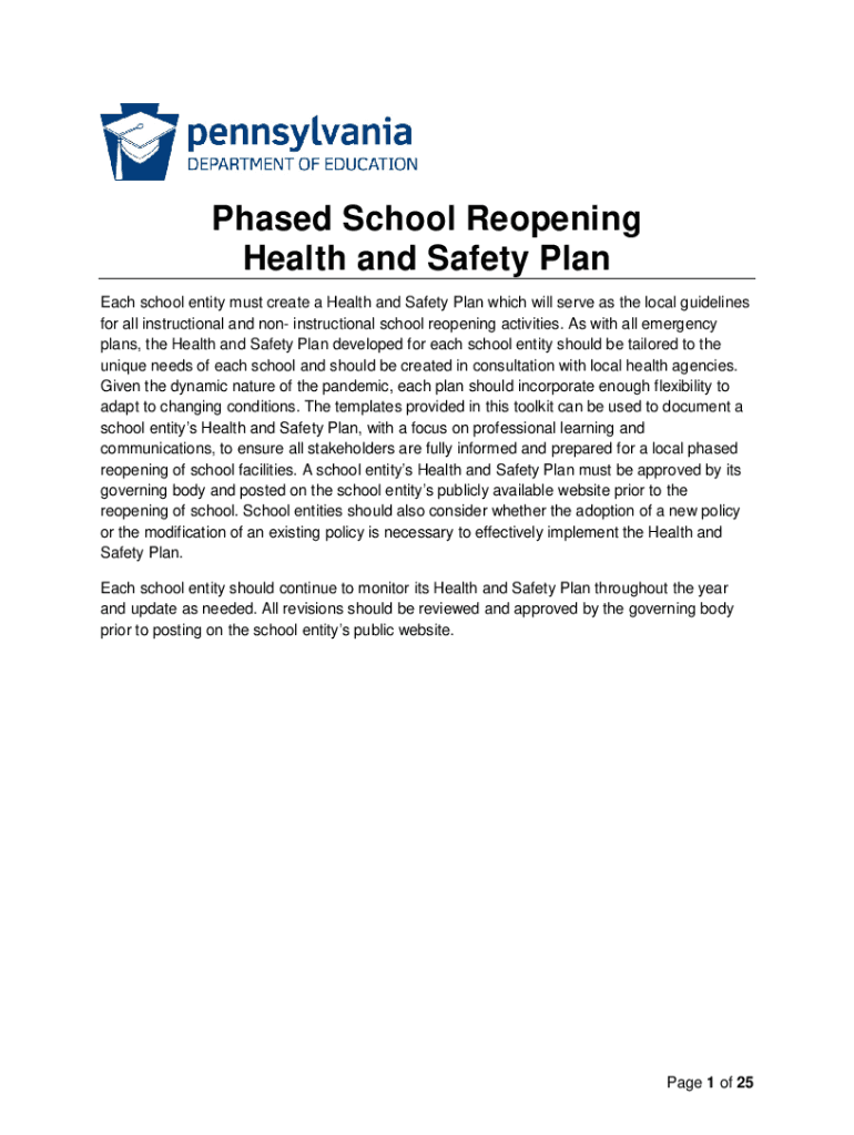 Fillable Online Phased School Reopening Health and Safety Plan ...