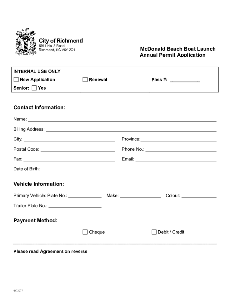 Fillable Online McDonald Beach Boat Launch Annual Permit Application ...