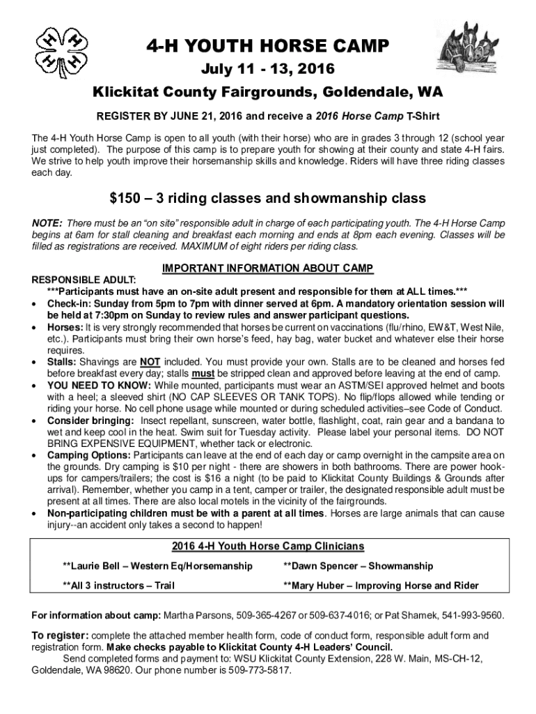 Fillable Online Horses optional: 4-H Horse Program adding classes ...