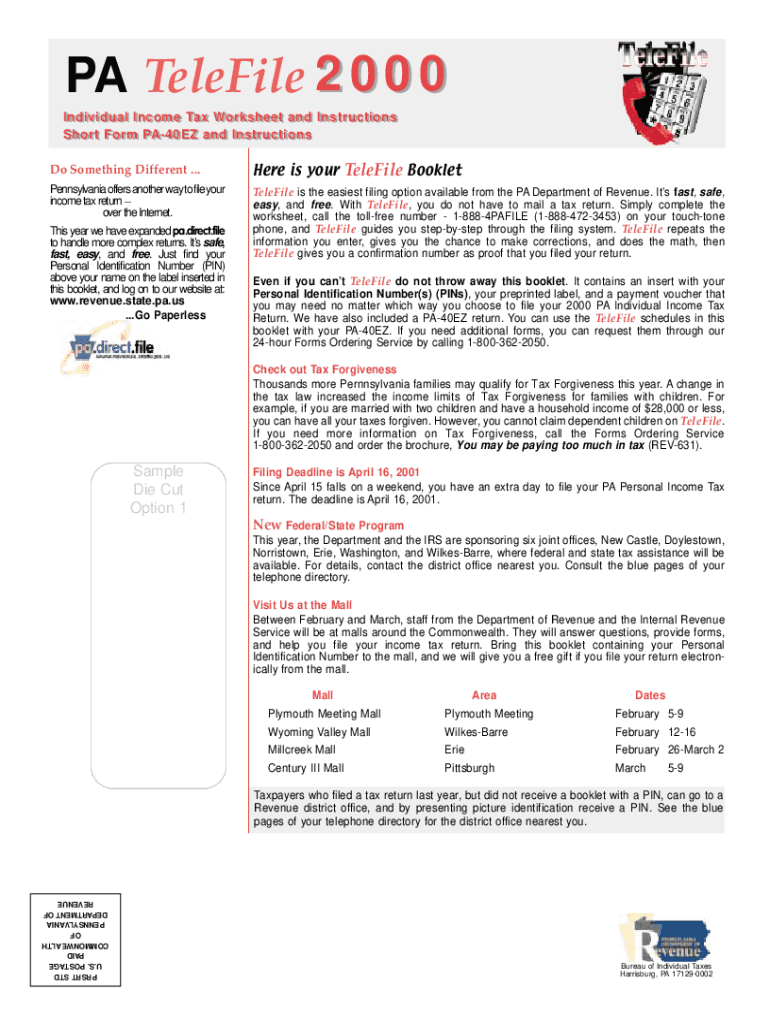 Fillable Online 2000 PA TeleFile Individual Income Tax Worksheet and ...