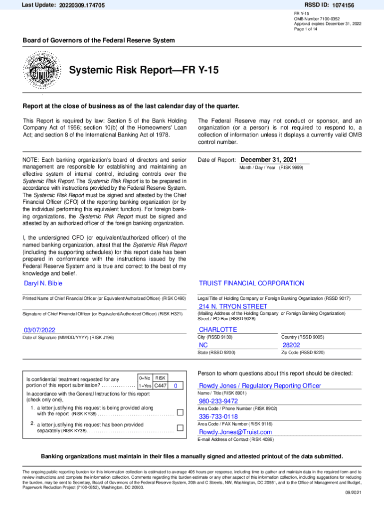 Fillable Online Banking Organization Systemic Risk ReportFR Y-15 ...