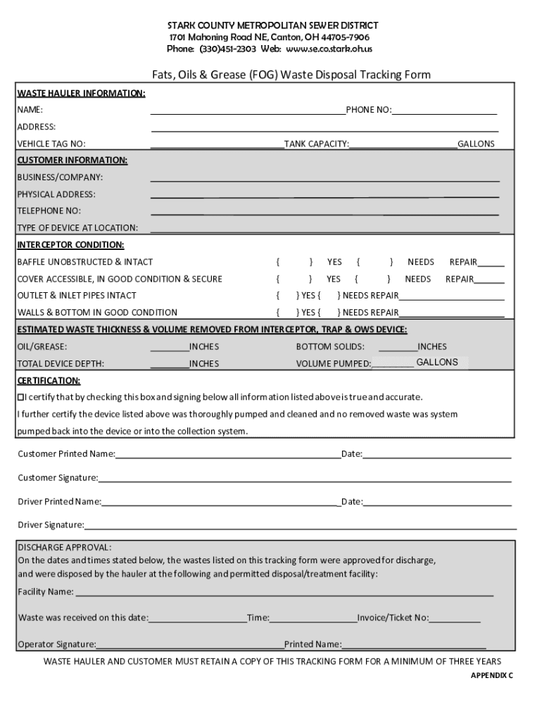 Fillable Online Fats, Oils & Grease (FOG) Waste Disposal Tracking Form ...