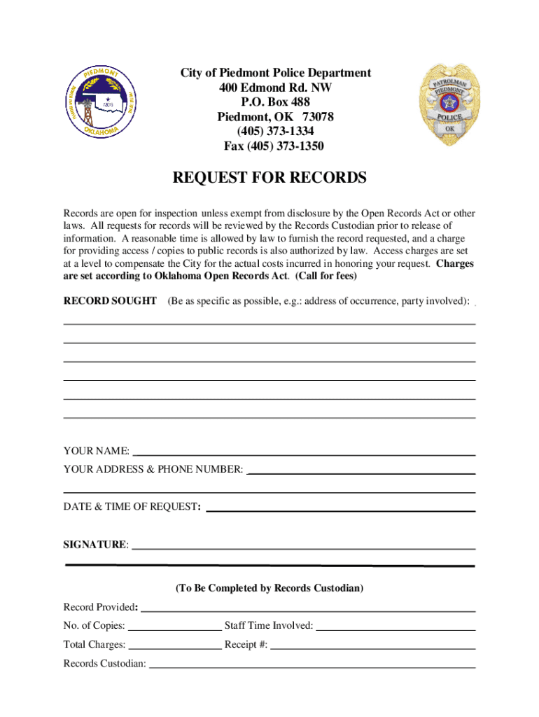 Fillable Online Request a Report - City of Piedmont Fax Email Print ...