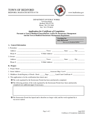 Fillable Online Application for Certificate of Completion - Bedford, MA Fax Email Print - pdfFiller