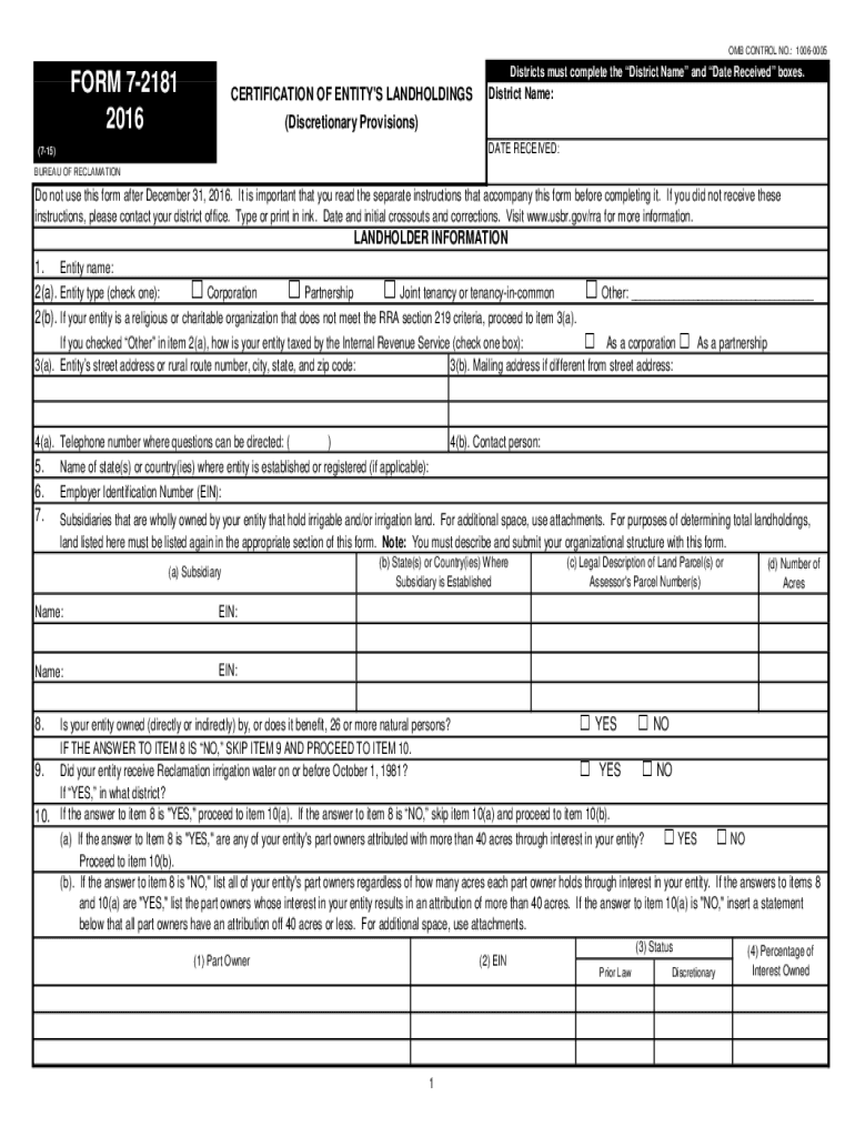 Fillable Online FORM 7-2181 2016 - RegInfo.gov Fax Email Print - pdfFiller