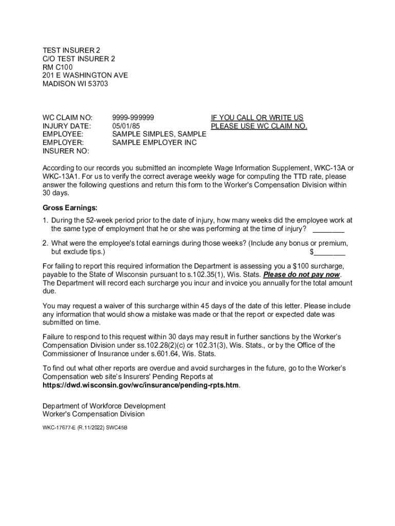 Fillable Online dwd wisconsin Worker's Compensation: SWC45B Letter ...