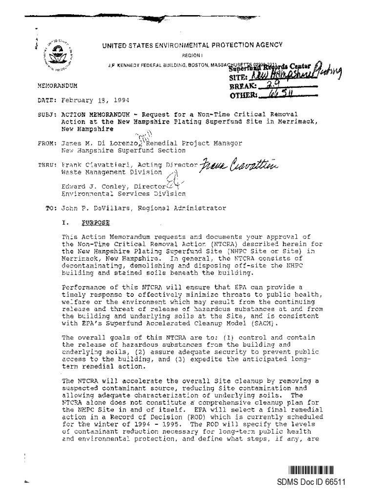 Fillable Online ACTION MEMORANDUM - REQUEST FOR NON-TIME CRITICAL REMOVAL ACTION (NTCRA). Region ...