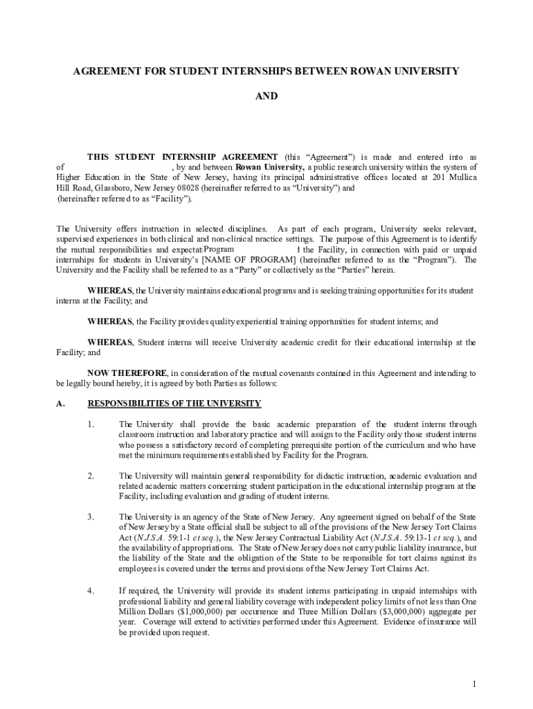 Fillable Online agreement for student internships between rowan university ... Fax Email Print ...