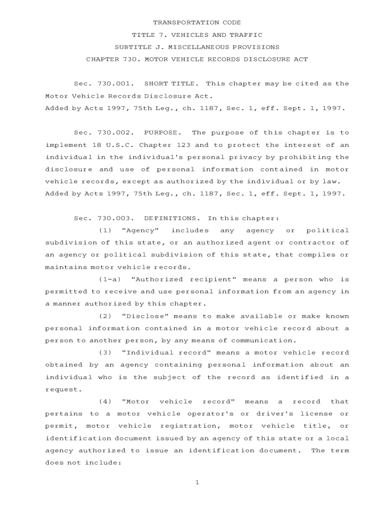 Fillable Online TRANSPORTATION CODE CHAPTER 730. MOTOR VEHICLE RECORDS ...