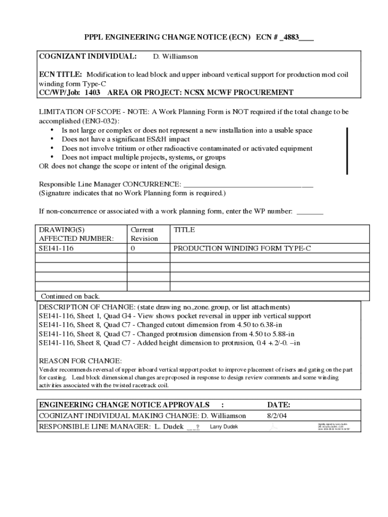 Fillable Online pppl engineering change notice (ecn) ecn # 4882 cognizant Fax Email Print ...