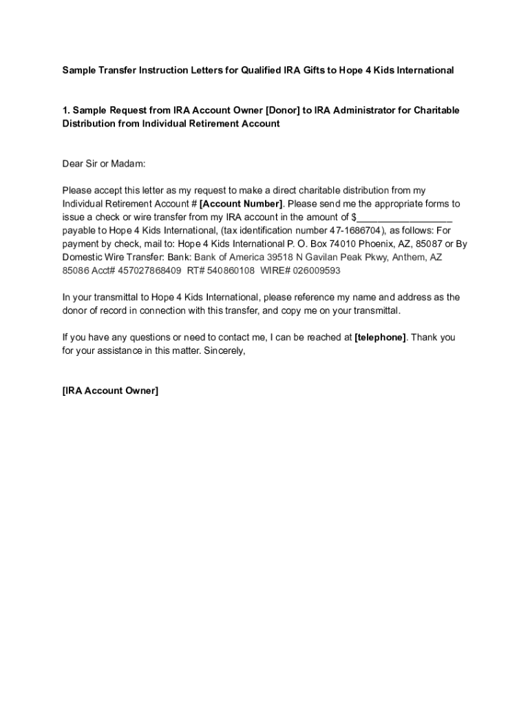 Fillable Online Sample Transfer Instruction Letters for Qualified IRA ...