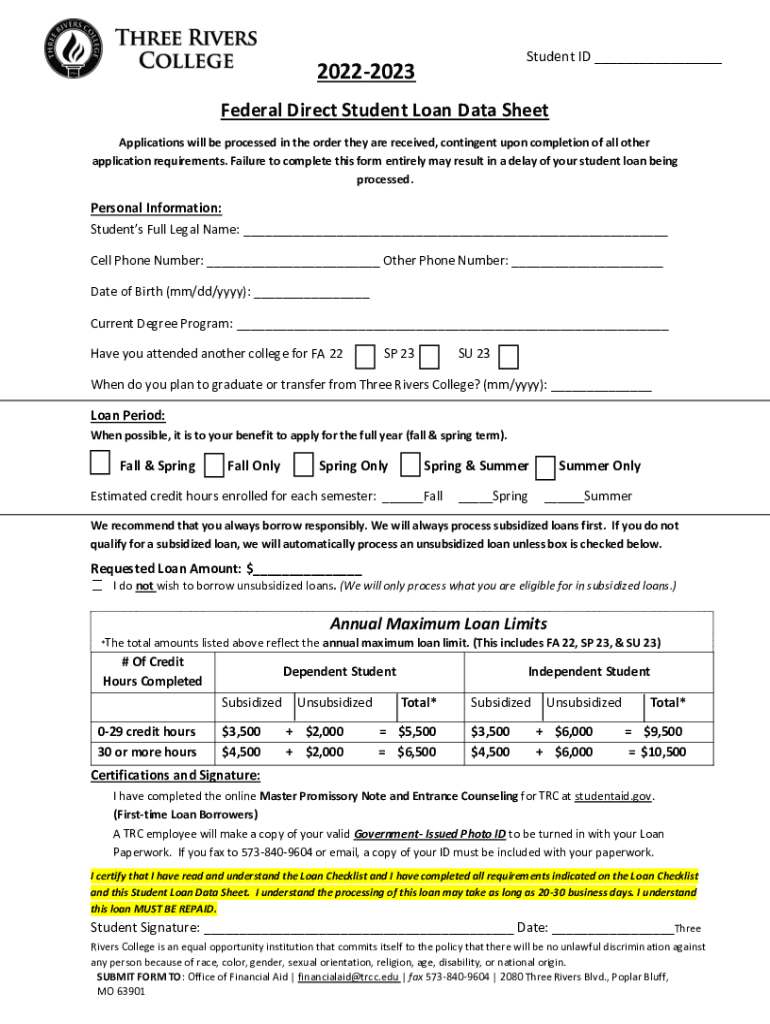 Fillable Online Federal Direct Student Loan Data Sheet - Three Rivers ...