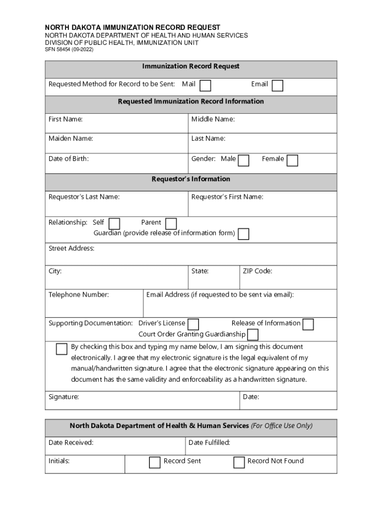 Fillable Online Request for Immunization Records North Dakota ...