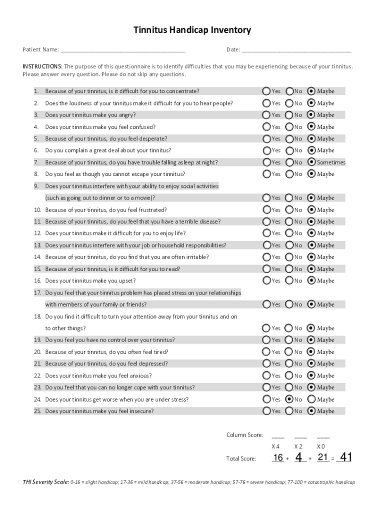 Fillable Online Tinnitus Handicap Inventory (Only complete if you have ...