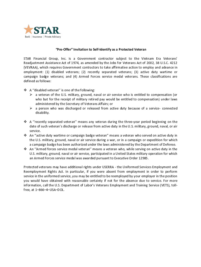 Fillable Online invitation to self identify: protected veteran status ...