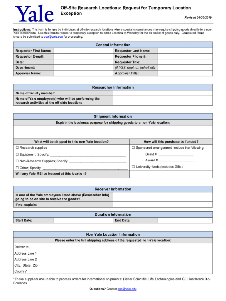 Fillable Online Request for Temporary Location Exception - It's Your Yale Fax Email Print ...