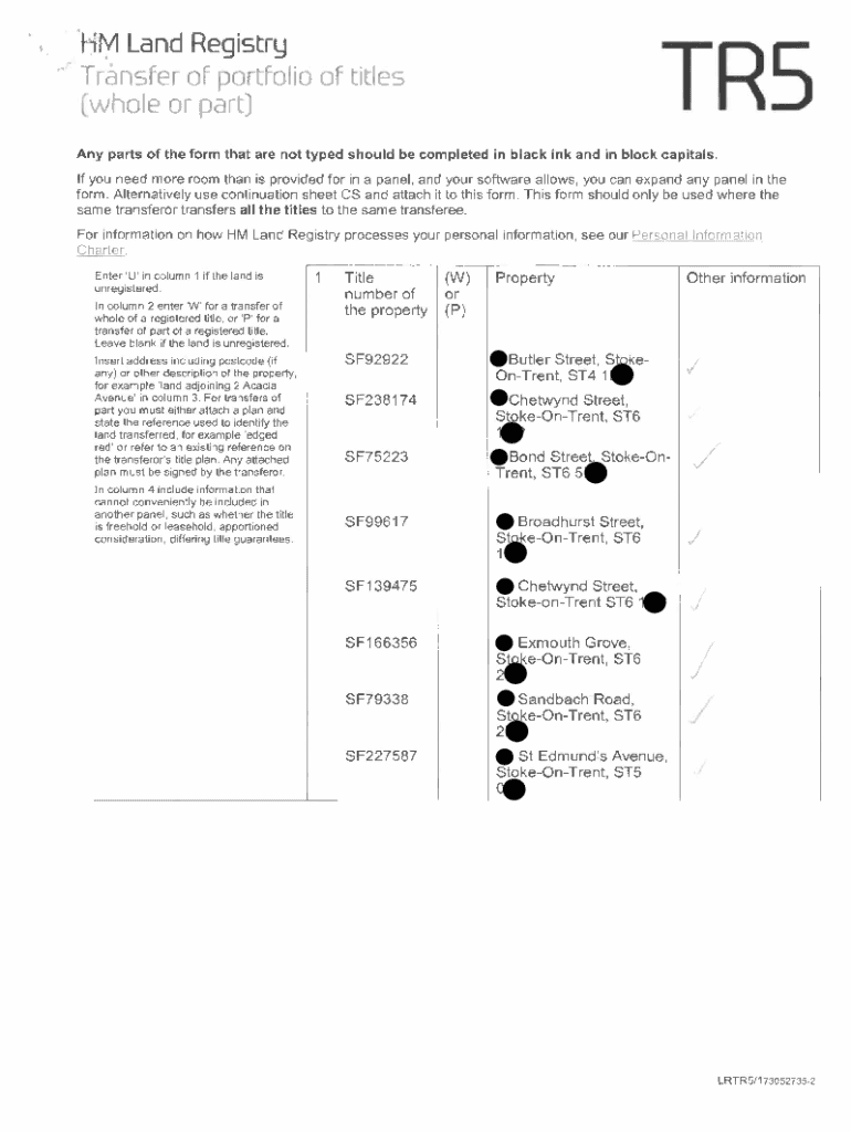 Fillable Online Form TR5 - Transfer of portfolio of titles (whole or ...