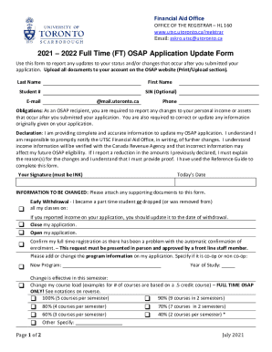 Fillable Online 20212022 Full Time (FT) OSAP Application Update Form ...
