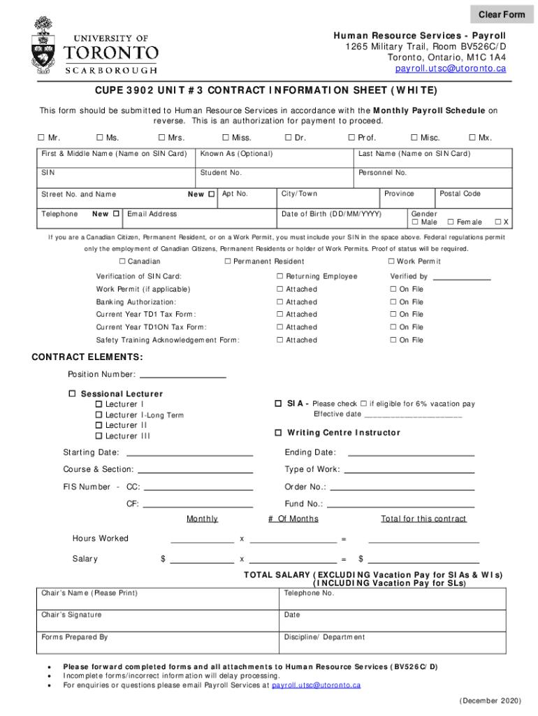 Fillable Online 2021 CUPE 3902 Unit 3 Contract Information Sheet Fax ...