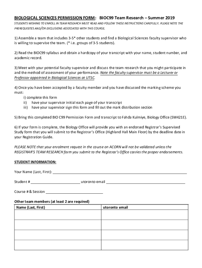 Fillable Online BIOLOGICAL SCIENCES PERMISSION FORM: BIOC99 Team ...