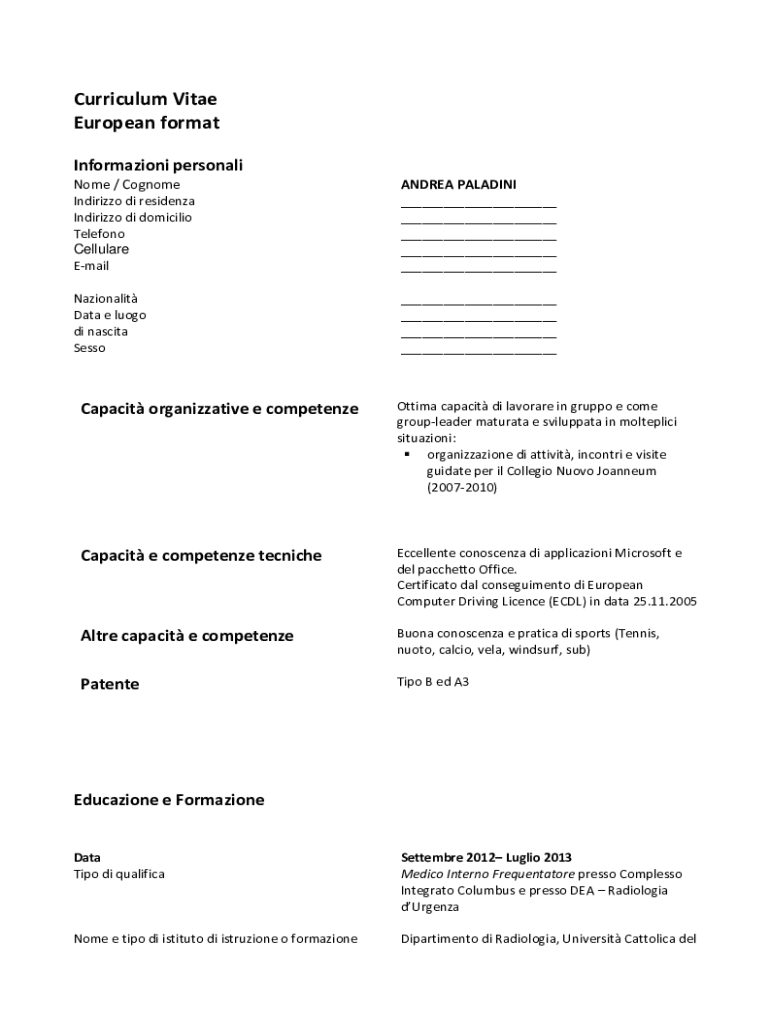 Fillable Online Curriculum Vitae European format Fax Email Print - pdfFiller