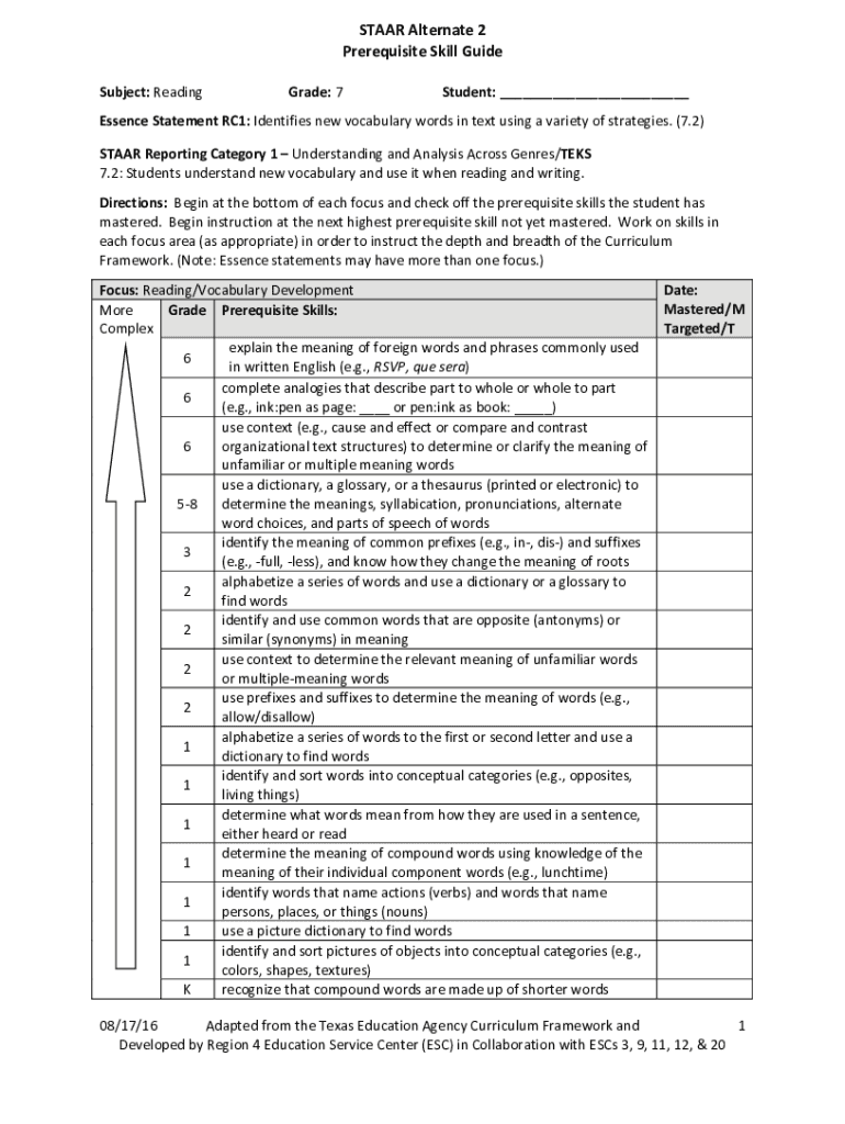 Fillable Online STAAR Alternate 2 Prerequisite Skill Guide Subject ...