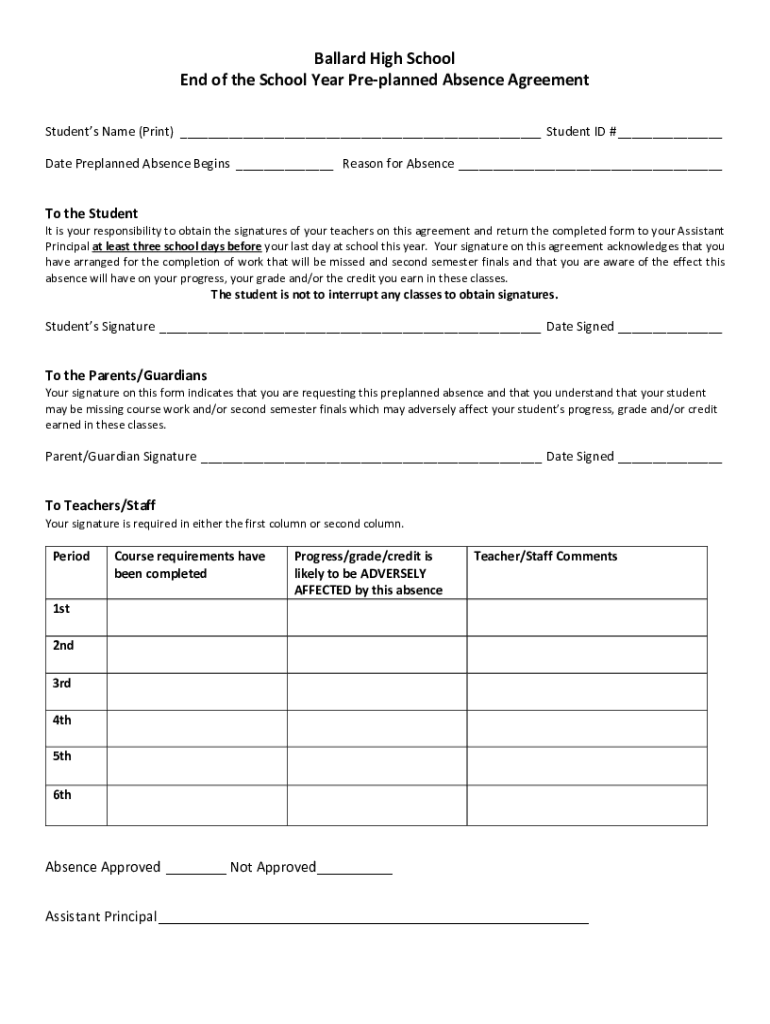 Fillable Online ballardhs seattleschools Pre-Arranged Absence Form ...